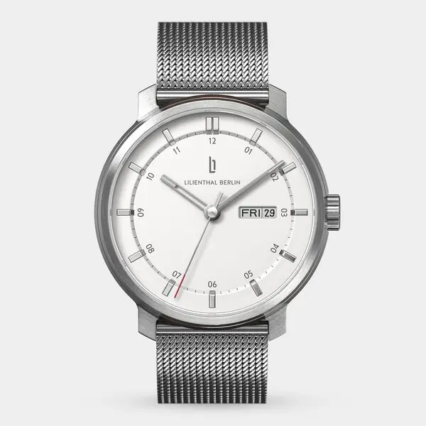Lilienthal Berlin Automatic Day Date Stainless Steel Mesh Strap Watch - White