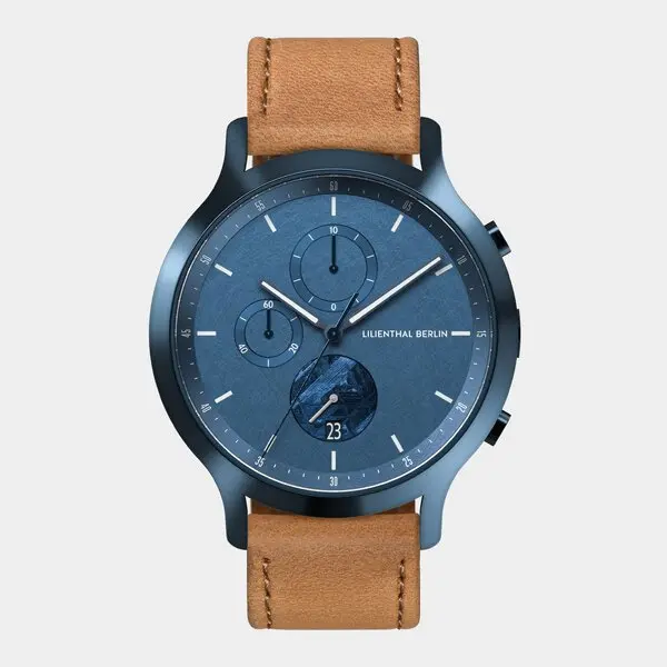 Lilienthal Berlin Chronograph Meteorite Watch With Light Brown Leather Strap - Blue
