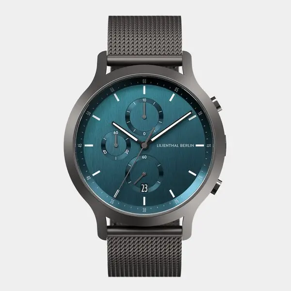 Lilienthal Berlin Chronograph Watch With Anthracite Matte Mesh Strap - Green,blue