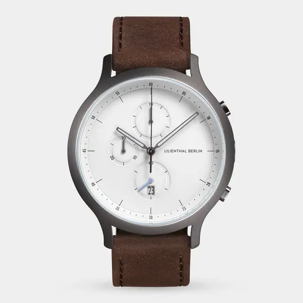 Lilienthal Berlin Chronograph Dark Silver Leather Strap Watch - White
