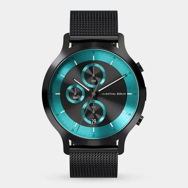 Lilienthal Berlin Chronograph Watch With Black Brushed Stainless Steel Case And Cyan Mesh Strap - Black,blue