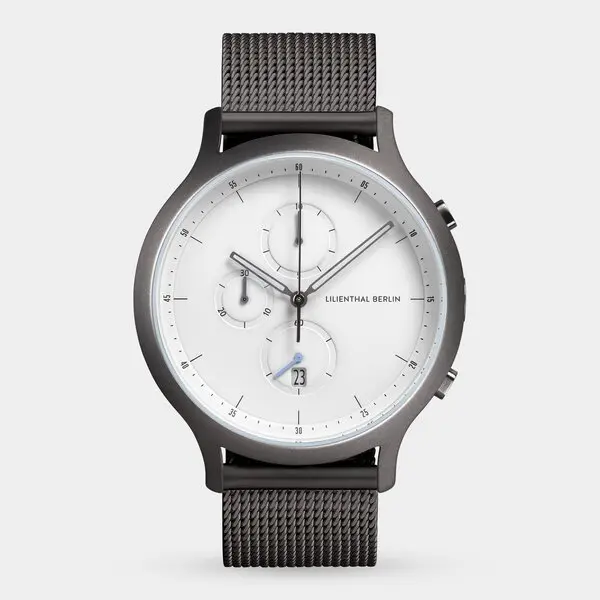 Lilienthal Berlin Chronograph Dark Silver Mesh Watch - White