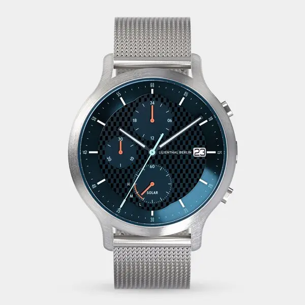 Lilienthal Berlin Chronograph Solar V Mesh Silver Brushed Stainless Steel Watch - Blue