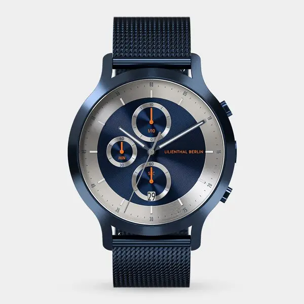 Lilienthal Berlin Chronograph Watch With Blue Brushed Dial And Silver Mesh Strap - Blue,silver