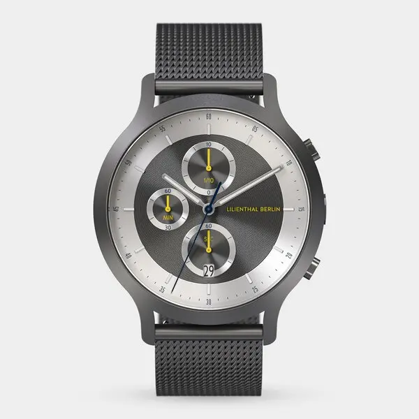 Lilienthal Berlin Chronograph Watch With Dark Silver White Mesh Anthracite Matte Finish - Gray,white