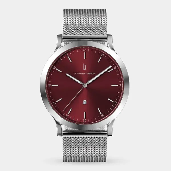 Lilienthal Berlin Huxley Silver Bordeaux Mesh Strap Watch - Red