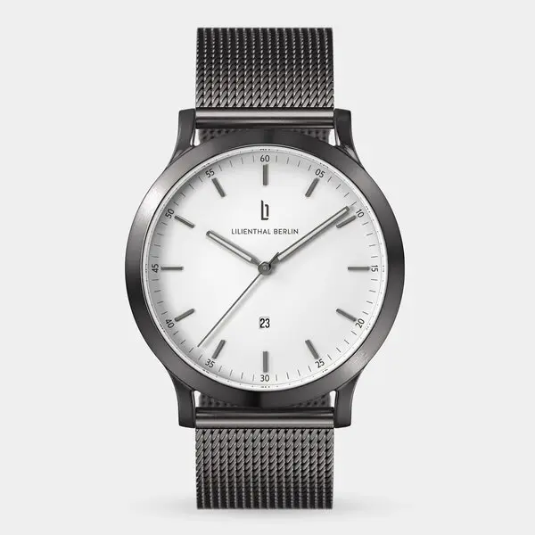 Lilienthal Berlin Huxley Dark Silver Mesh Watch - White