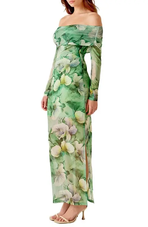 MARSY Long Sleeve Floral Mesh Off-the-shoulder Maxi Dress