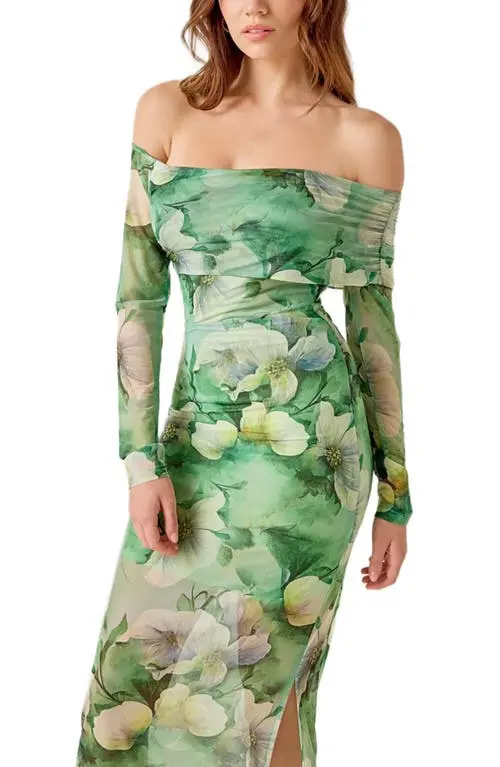 MARSY Long Sleeve Floral Mesh Off-the-shoulder Maxi Dress