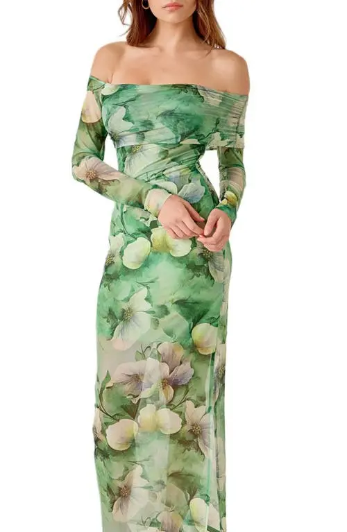 MARSY Long Sleeve Floral Mesh Off-the-shoulder Maxi Dress