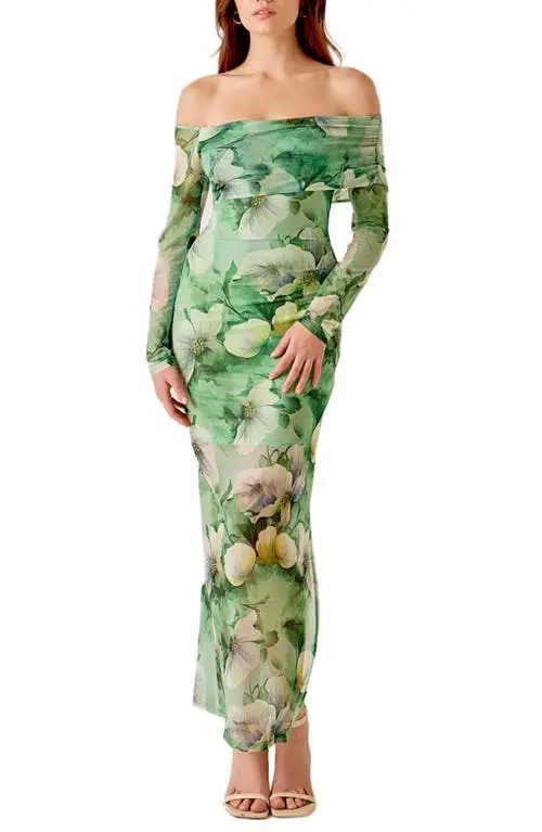 MARSY Long Sleeve Floral Mesh Off-the-shoulder Maxi Dress