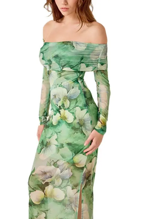 MARSY Long Sleeve Floral Mesh Off-the-shoulder Maxi Dress