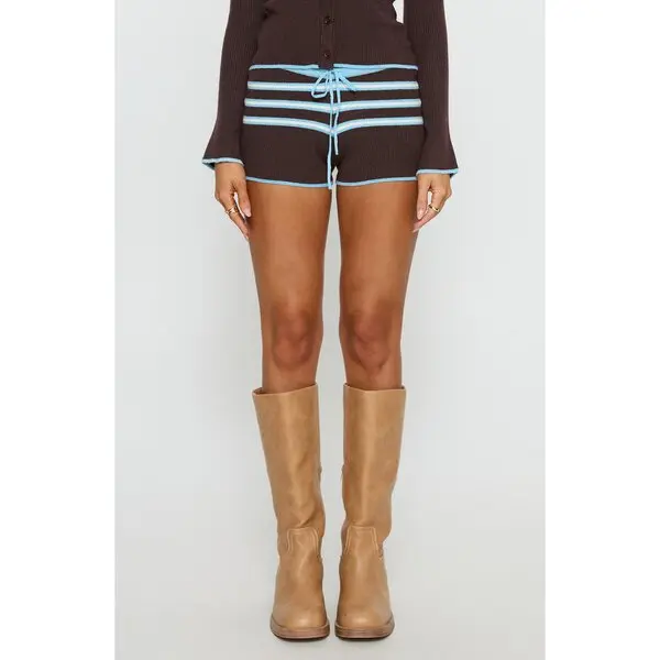 Princess Polly Blaiza Low Rise Knit Shorts With Striped Detail - Blue/brown Stripe