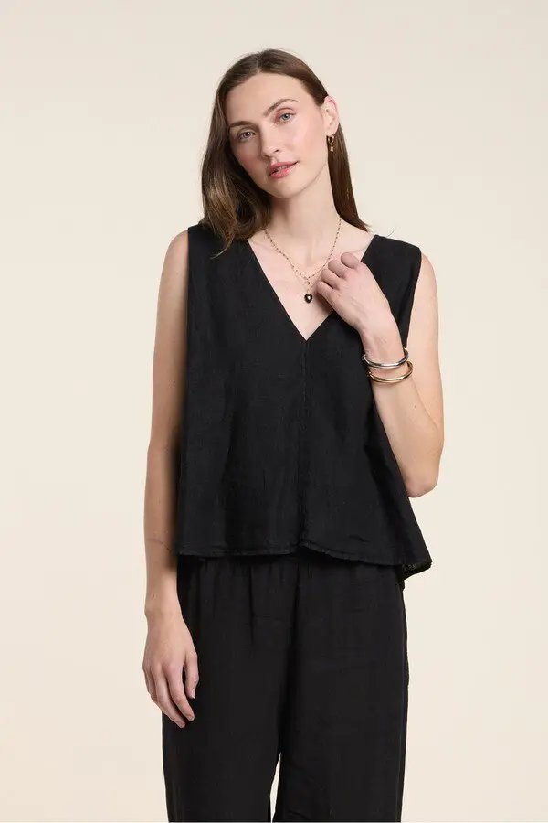 Velvet By Graham & Spencer Renna Linen V-neck Sleeveless Top With Rear Ties - Black