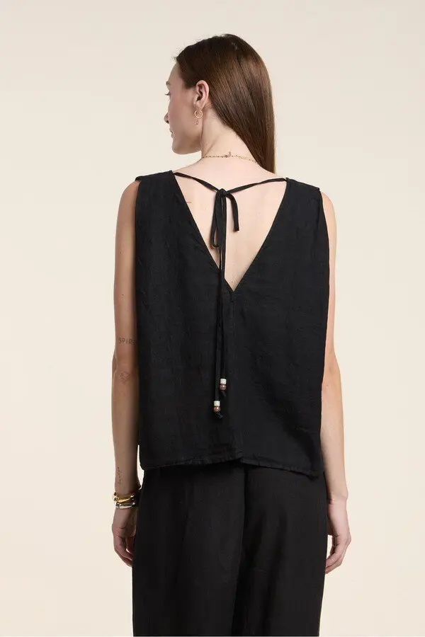Velvet By Graham & Spencer Renna Linen V-neck Sleeveless Top With Rear Ties - Black