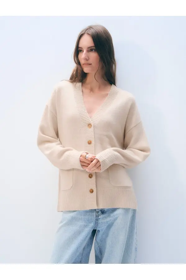 WHITE & WARREN Cashmere Luxe Pocket Cardigan | Heather - Natural