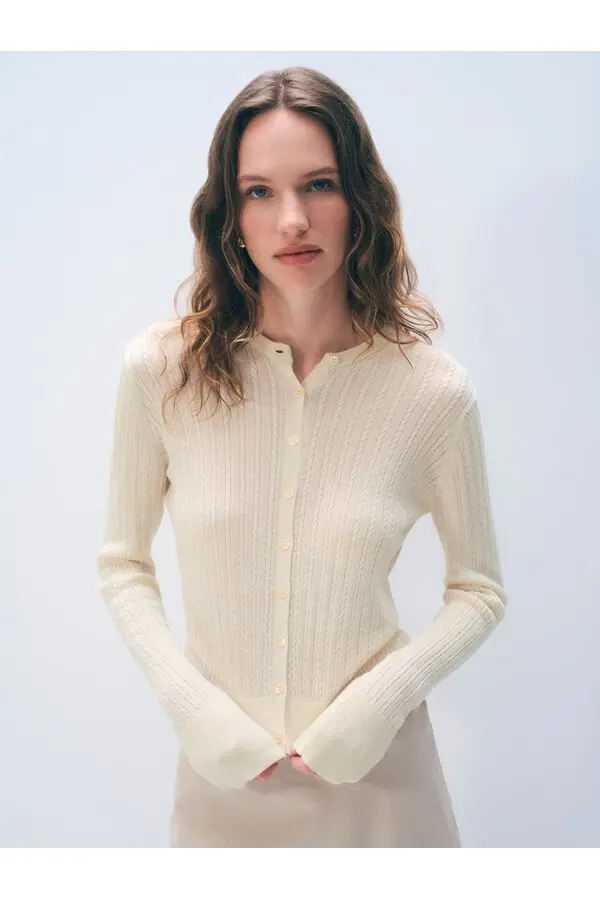 WHITE & WARREN Cashmere Linen Fine Cable Cardigan | Ivory - Natural