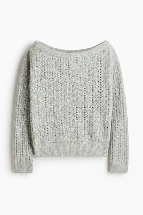 H&m Pointelle Knit Off-the-shoulder Jumper - Light Gray