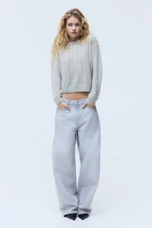 H&m Off-the-shoulder Pointelle Knit Jumper - Light Gray