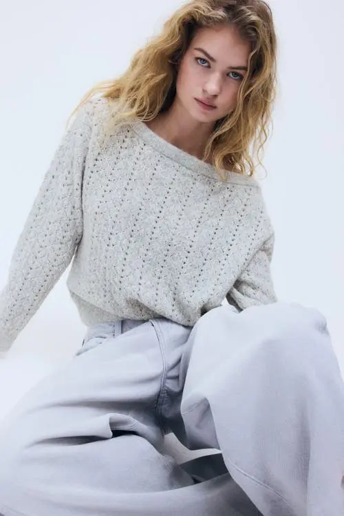 H&m Off-the-shoulder Pointelle Knit Jumper - Light Gray