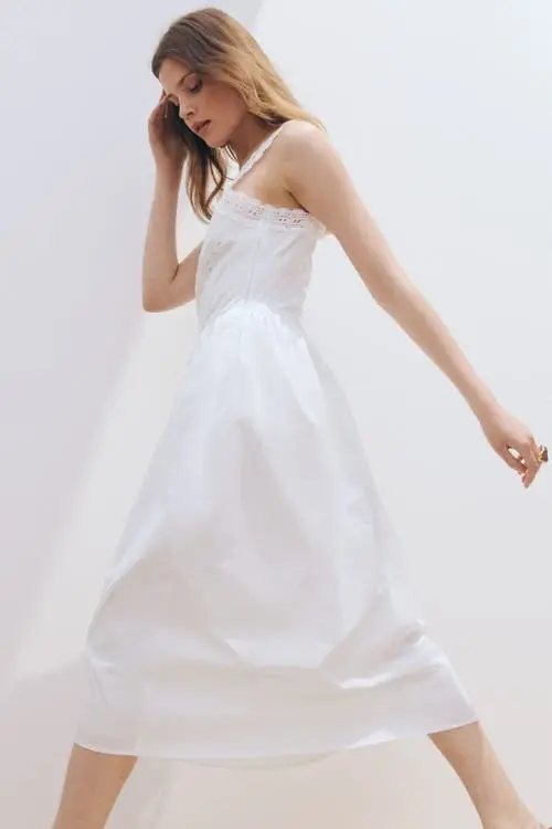 H&m Cotton Dress With Eyelet Embroidery And Scalloped Lace Straps - Ivory
