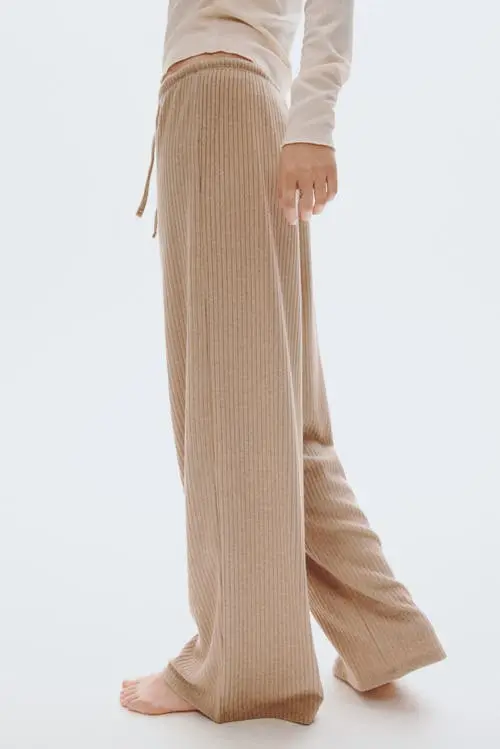 H&m Rib-knit Wide-leg Trousers - Beige