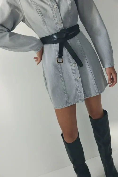 H&m Denim Dress With Vertical Seams And Button Front