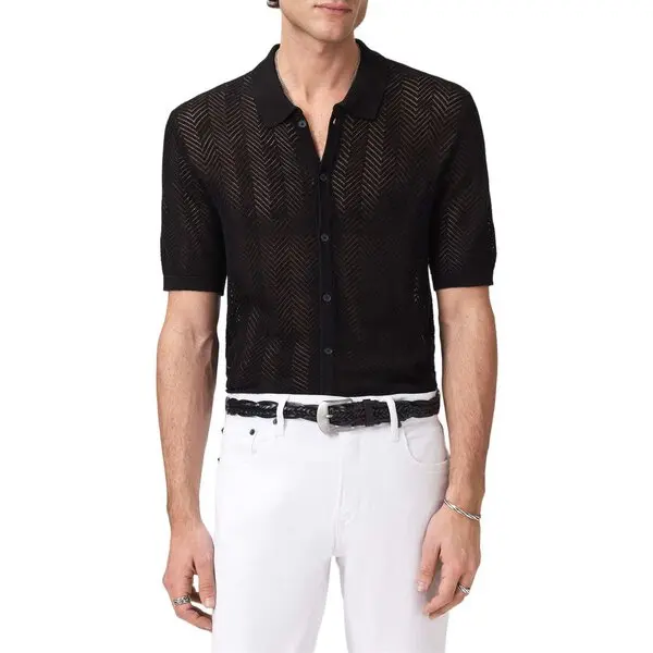 John Varvatos Herringbone Open Stitch Collared Sweater - Black
