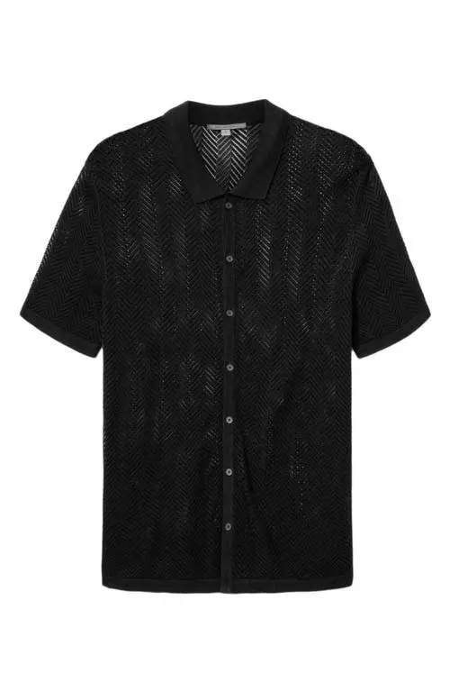John Varvatos Herringbone Open Stitch Collared Sweater - Black
