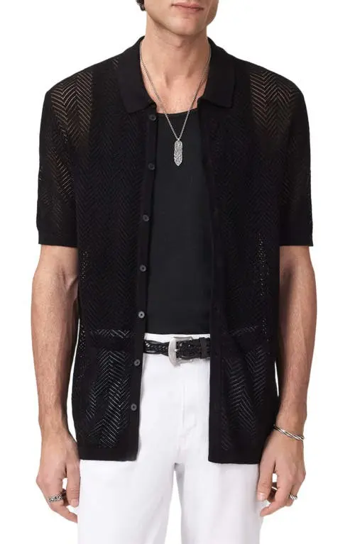 John Varvatos Herringbone Open Stitch Collared Sweater - Black