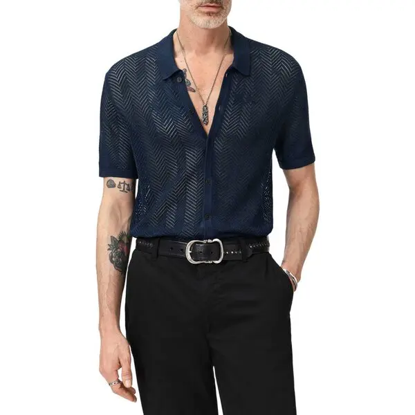 John Varvatos Herringbone Open Stitch Collared Sweater