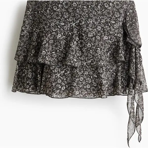 H&m Draped Panel Tiered Mini Skirt - Dark Gray/floral