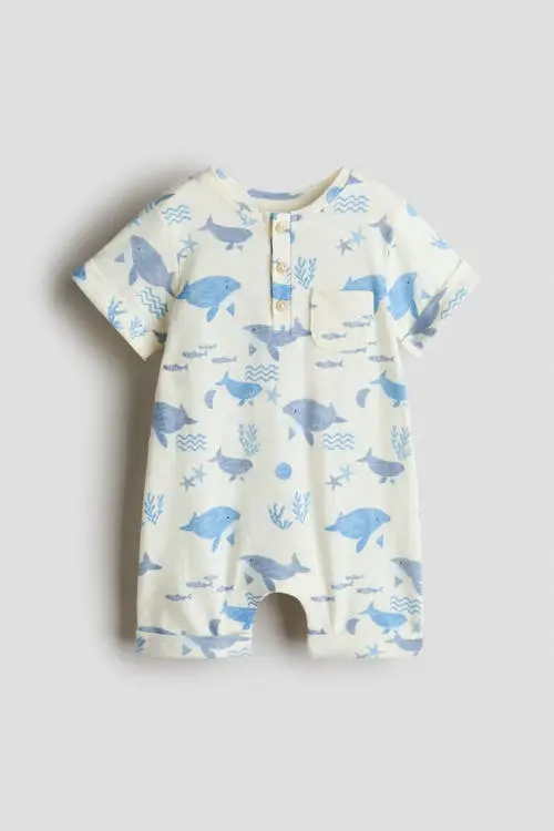 H&m Striped Cotton Jersey Romper - White/marine Life
