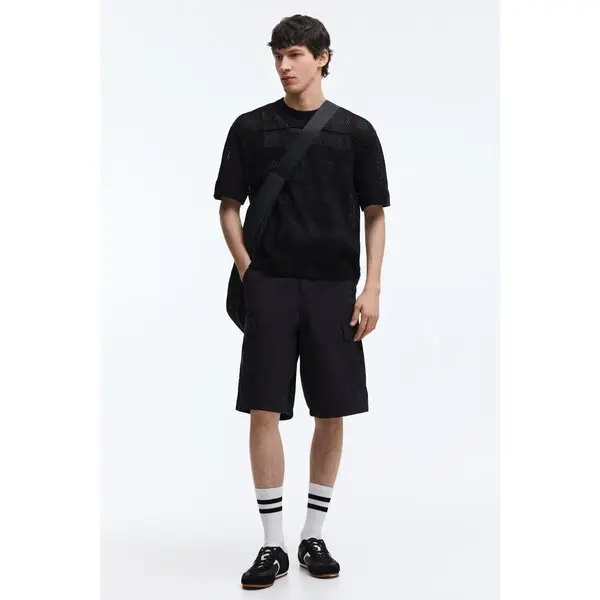 H&m Loose Fit Cotton Ripstop Cargo Shorts - Black