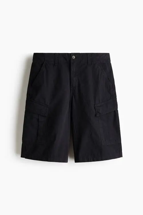 H&m Loose Fit Cotton Ripstop Cargo Shorts - Black