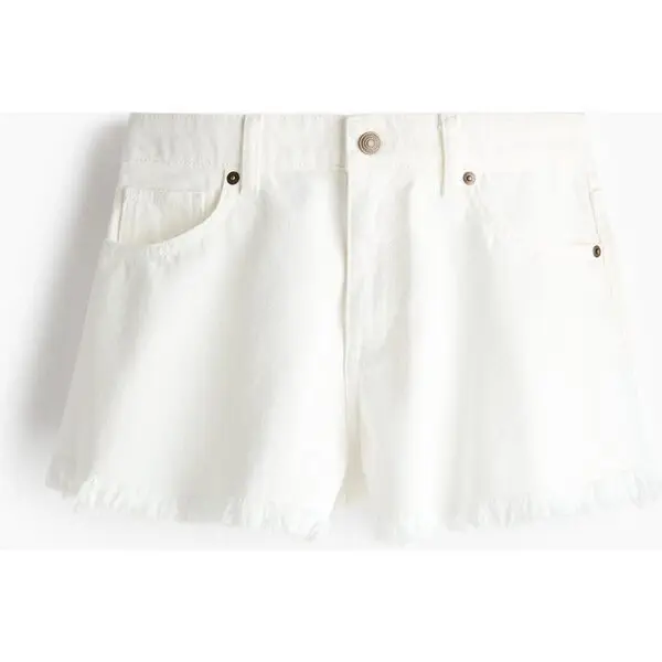 H&m High-waisted Frayed Denim Shorts - Cream