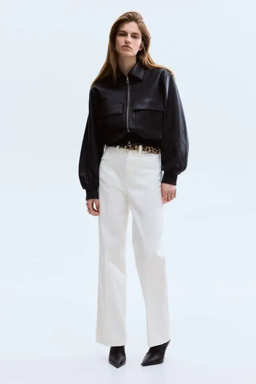 H&m High Waist Straight Leg Jeans With Textured Belt - White/leopard Print