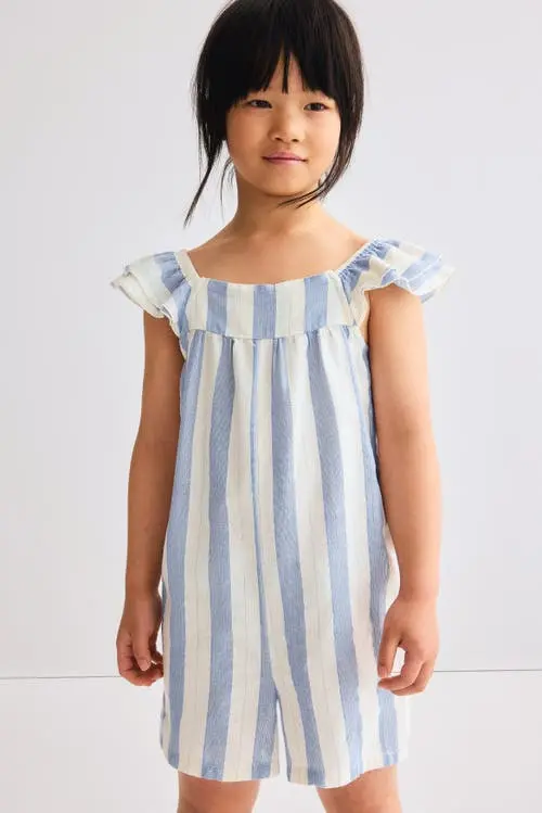 H&m Flutter-sleeved Square Neck Jumpsuit - Cream/blue Striped