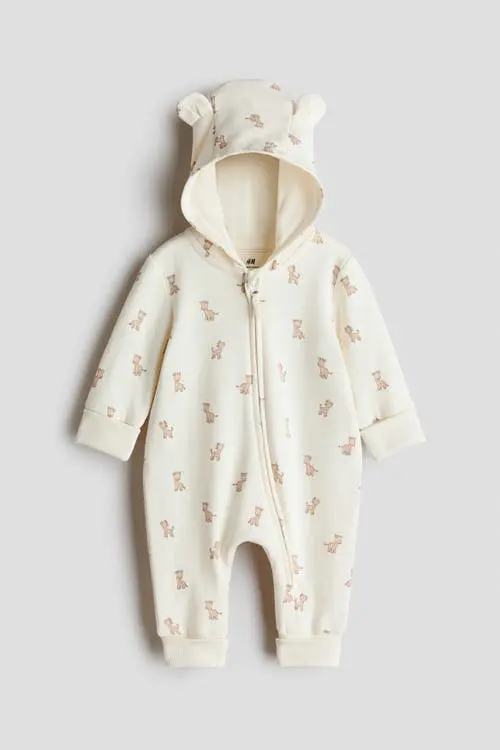 H&m Printed Velour Romper Suit With Hood - White/giraffes