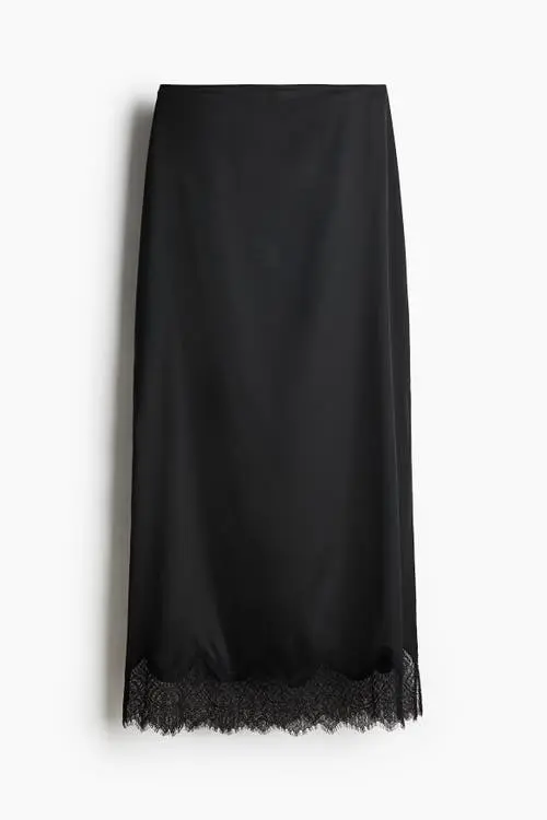 H&m Lace-trimmed Satin Midi Skirt