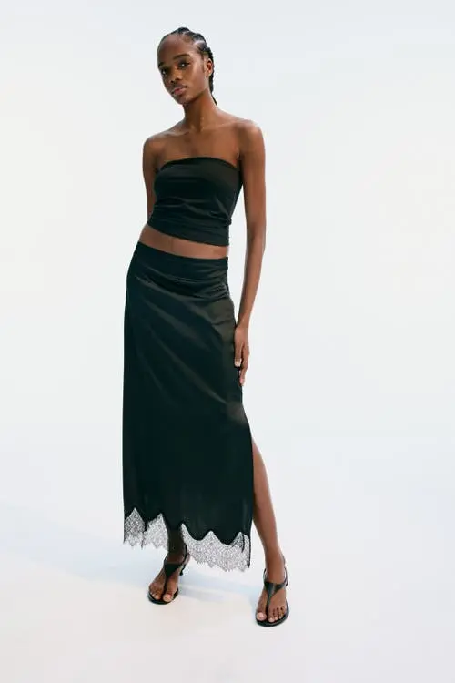 H&m Lace-trimmed Satin Midi Skirt
