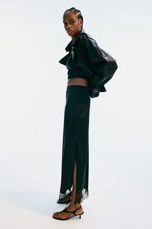 H&m Lace-trimmed Satin Midi Skirt