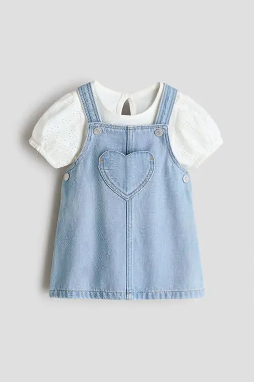 H&m Two-piece Cotton Set With Heart Pocket Dungaree Dress And Broderie Anglaise Top - Light Denim Blue