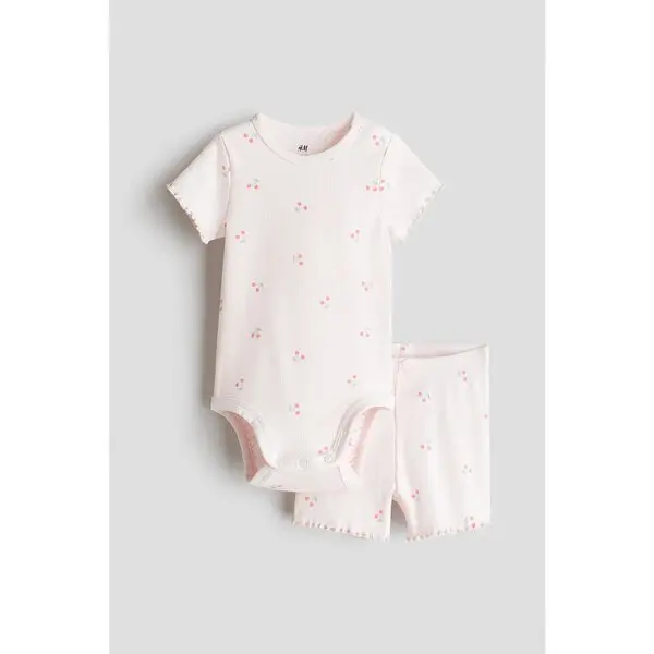 H&m Ribbed Cotton Cherry Print Bodysuit And Cycling Shorts Set - Light Pink/cherries