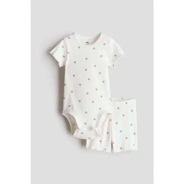 H&m Ribbed Cotton Cherry Print Bodysuit And Cycling Shorts Set - White/floral