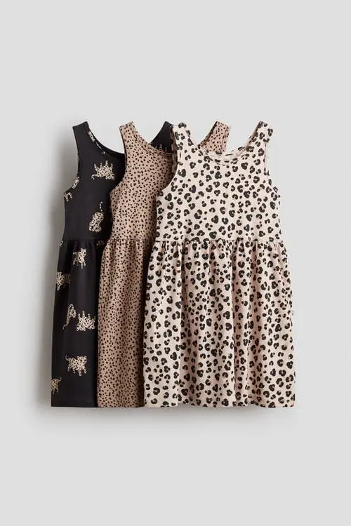 H&m 3-pack Printed Sleeveless Cotton Dresses - Beige/leopard Print