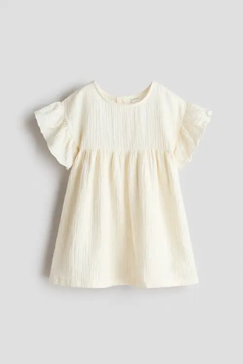 H&m Cotton Muslin Dress With Flutter Sleeves - White
