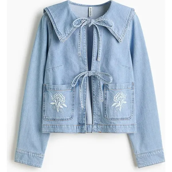H&m Tie-front Embroidered Denim Jacket - Light Denim Blue