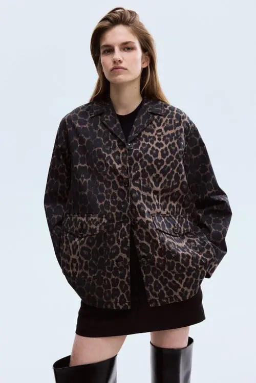 H&m Leopard Print Twill Resort Collar Jacket - Brown/leopard Print