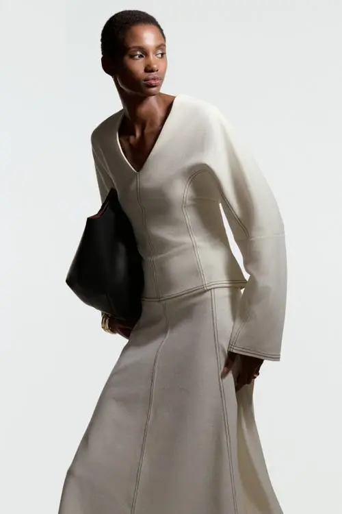 H&m V-neck Textured Jersey Top With Voluminous Sleeves